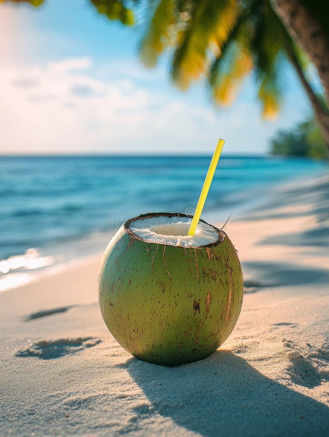 Coconut with Straw on a Tropical Beach. Stock Image - Image of palm ...