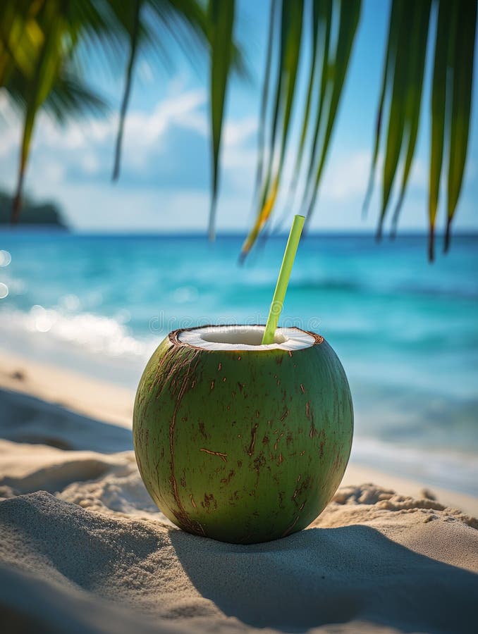 Coconut with Straw on a Tropical Beach by the Ocean. Stock Photo ...