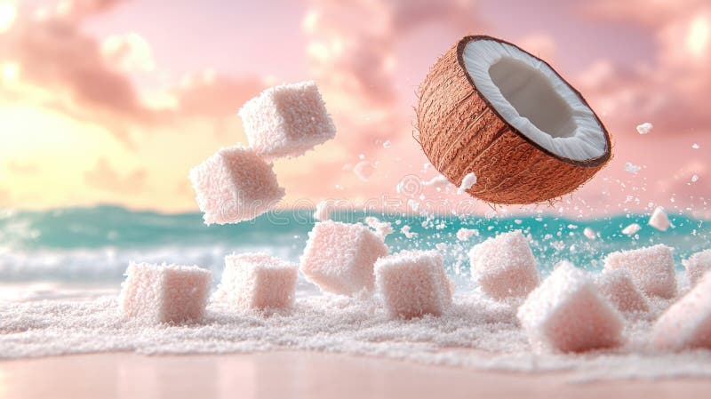 Coconut and Sugar Cubes on Tropical Beach with Ocean Waves and Pink ...