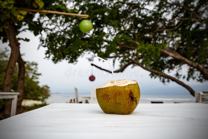 Coconut with a Tube on a White Table Stock Photo - Image of coco, milk ...