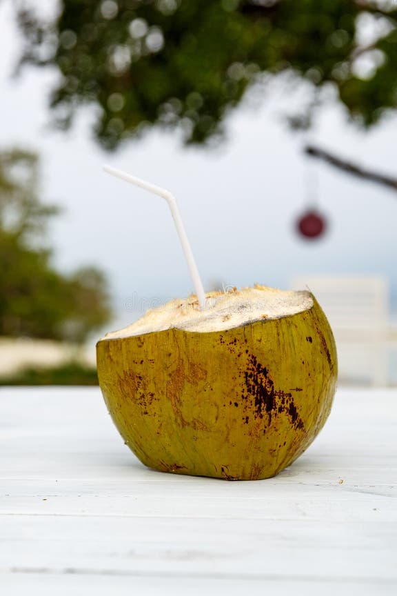 Coconut with a Tube on a White Table Stock Image - Image of white ...