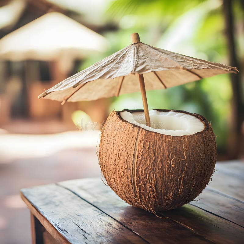 Coconut with Umbrella on Wooden Table. Generative AI. Stock ...