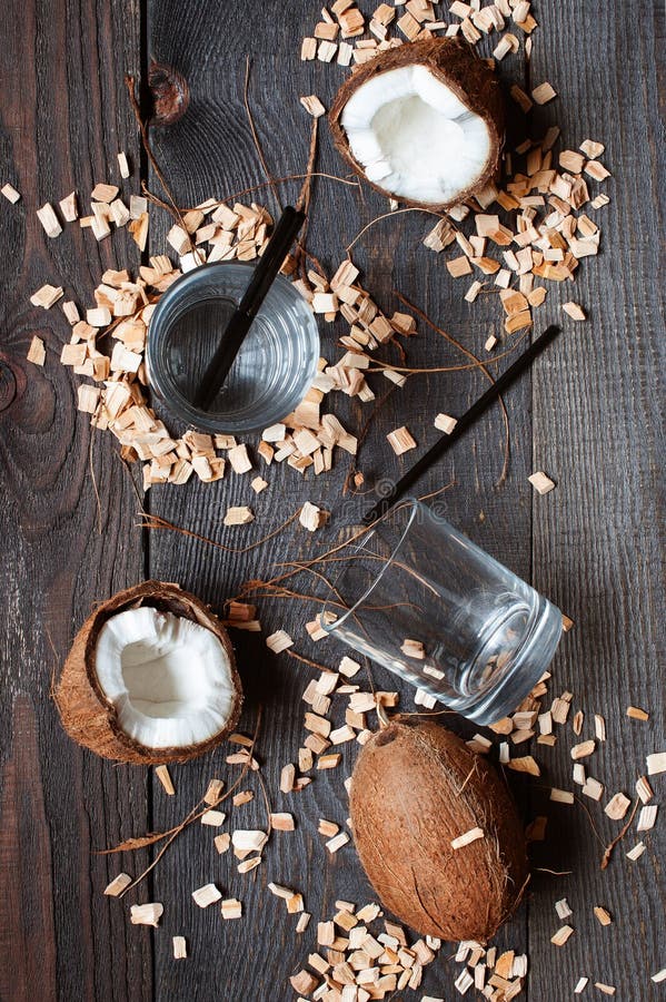 Coconut Water and Coconuts on the Wooden Table Stock Image - Image of ...