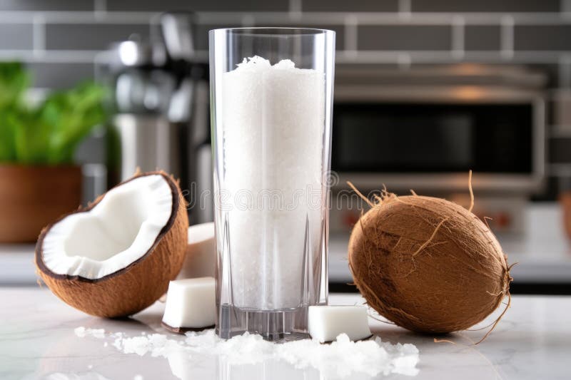 Coconut with Water Contents Exposed Next To a Modern Blender Stock ...
