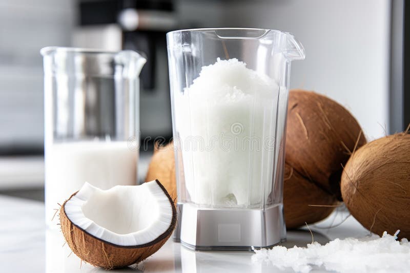 Coconut with Water Contents Exposed Next To a Modern Blender Stock ...