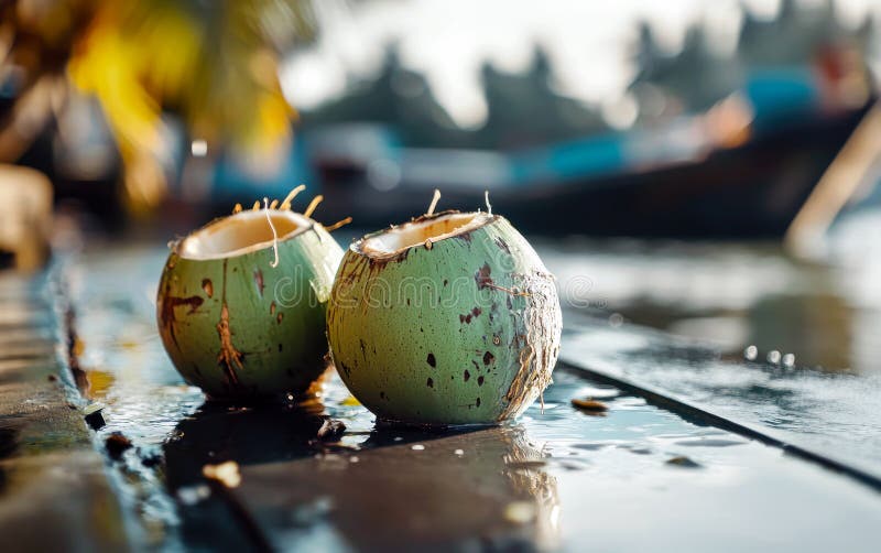 Coconut Water Drink, Served in the Whole Green Coconut Fruit, Selective ...