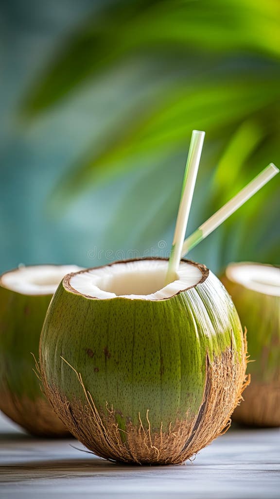 Coconut Water in Fresh Coconut with Straw. Stock Photo - Image of sweet ...