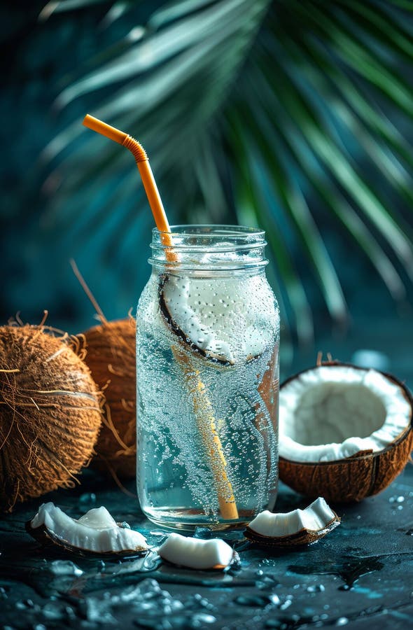 Coconut Water in Glass Jar with Straw and Coconuts on Dark Background ...