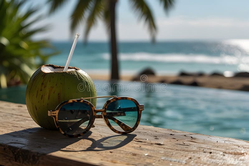 Coconut Water beside of Infinity Pool at Beach Stock Photo - Image of ...