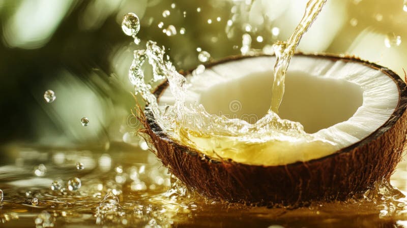 Coconut Water Splashing into Fresh Coconut Half Stock Illustration ...