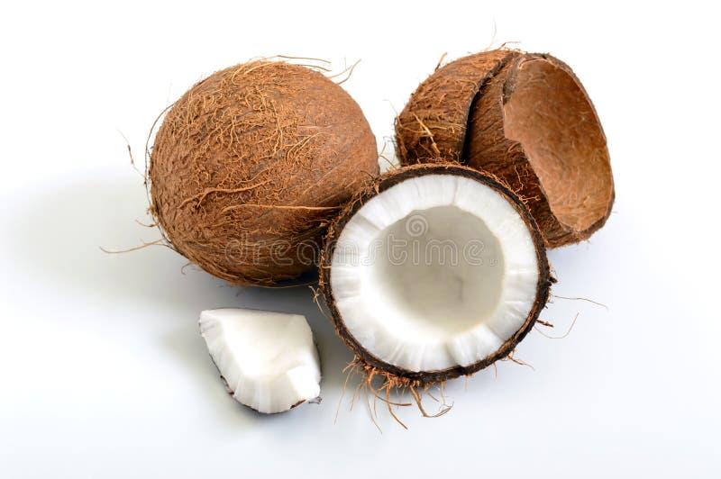 Coconut on a White Background. Whole Coconut, Halves, Shells, Pieces of ...