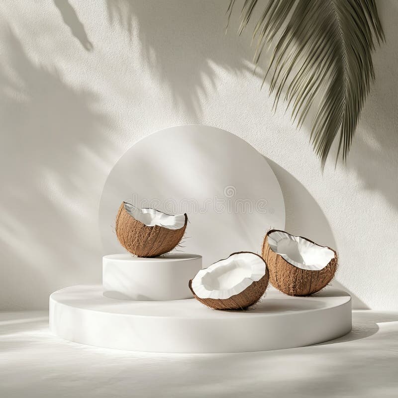 Coconut on White Podium with Shadow Overlay. 3D Rendering Stock ...