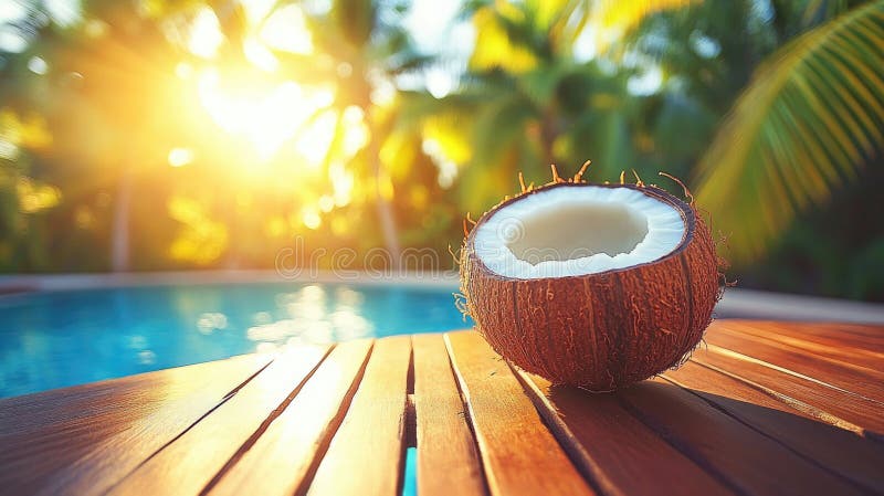 Coconut on Wooden Table by Poolside in Tropical Sunshine Stock Image ...