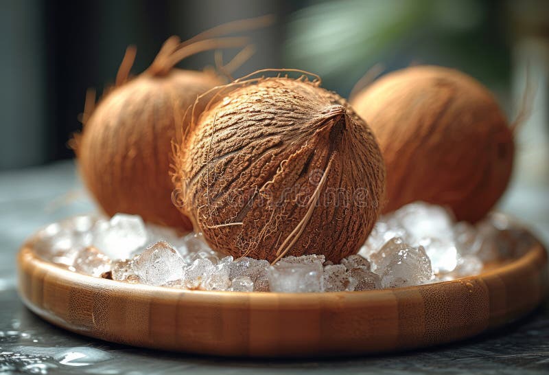 Coconut on a Wooden Tray. a Photo of Three Coconuts Placed on a Plate ...
