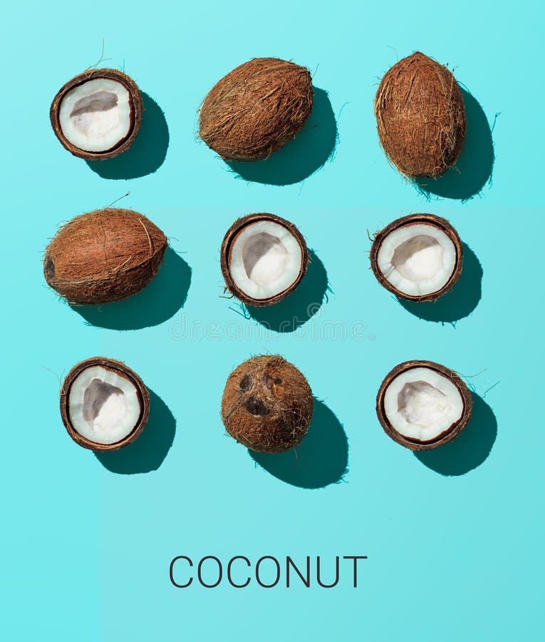 Coconuts on Blue Background, Top View Stock Image - Image of fresh ...