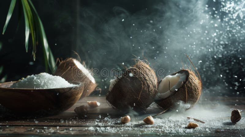 Coconuts with Coconut Flakes on a Rustic Table in a Tropical Setting ...