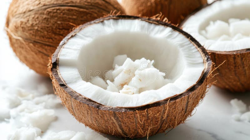Coconuts Cut Open Revealing Fresh White Flesh and Brown Shells on a ...