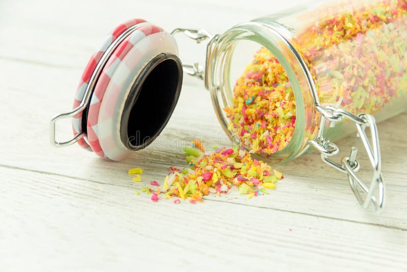Coconuts Flakes in Jar on Wooden Table. Photo of Sweets with Copyspace ...
