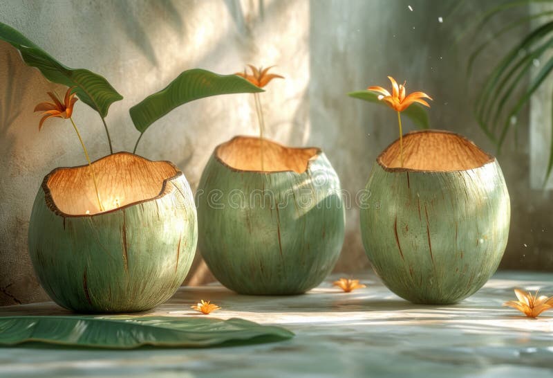 Coconuts Sliced and Topped. Three Coconuts Adorned with Vibrant Flowers ...