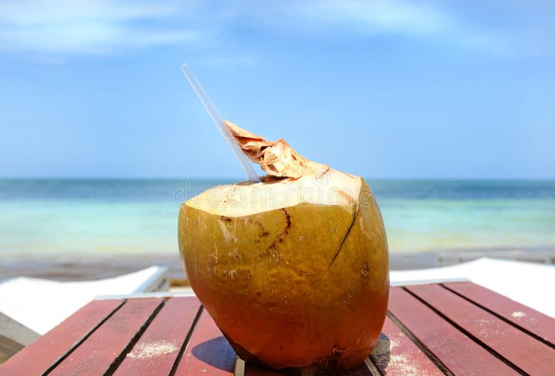 Bebida Fresca Del Coco Con La Playa Agradable Imagen de archivo ...