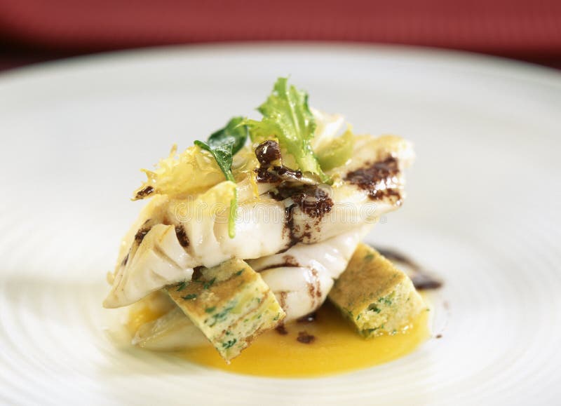 Cod with Carrot Puree and Green Olive Omelette Stock Photo - Image of ...