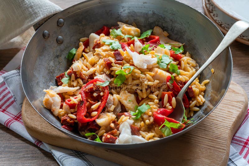 Cod, Chorizo and Orzo Pasta Stock Image - Image of loin, orzo: 256060965
