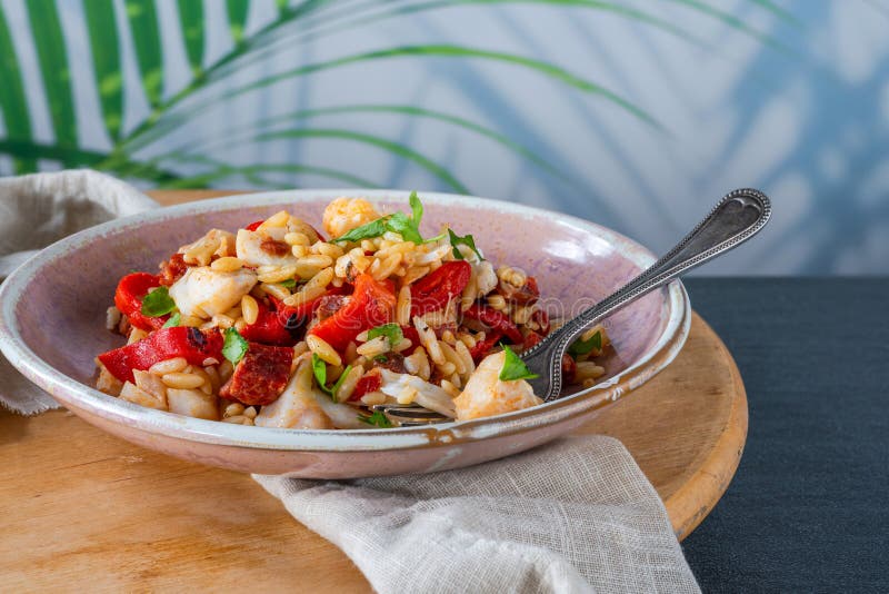 Cod, Chorizo and Orzo Pasta Stock Photo - Image of food, chorizo: 256061152