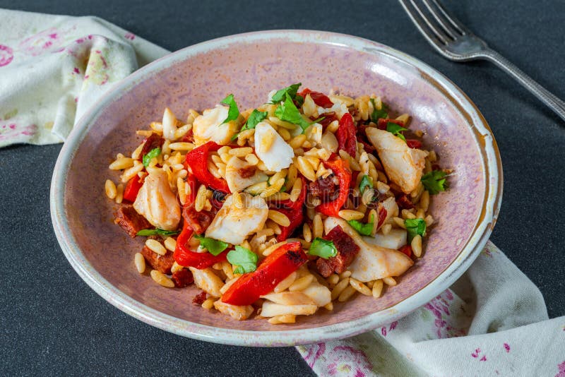 Cod, Chorizo and Orzo Pasta Stock Photo - Image of eating, food: 256060986