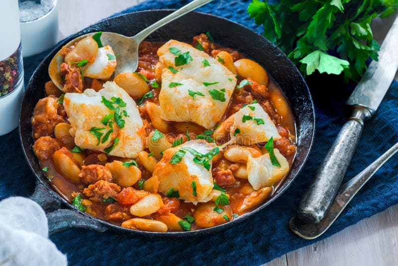 Cod and chorizo stew stock image. Image of cuisine, macaroni - 99696743