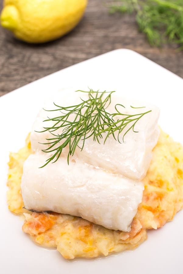 Cod with Dill on Mashed Potatoes Stock Photo - Image of rustic, fish ...