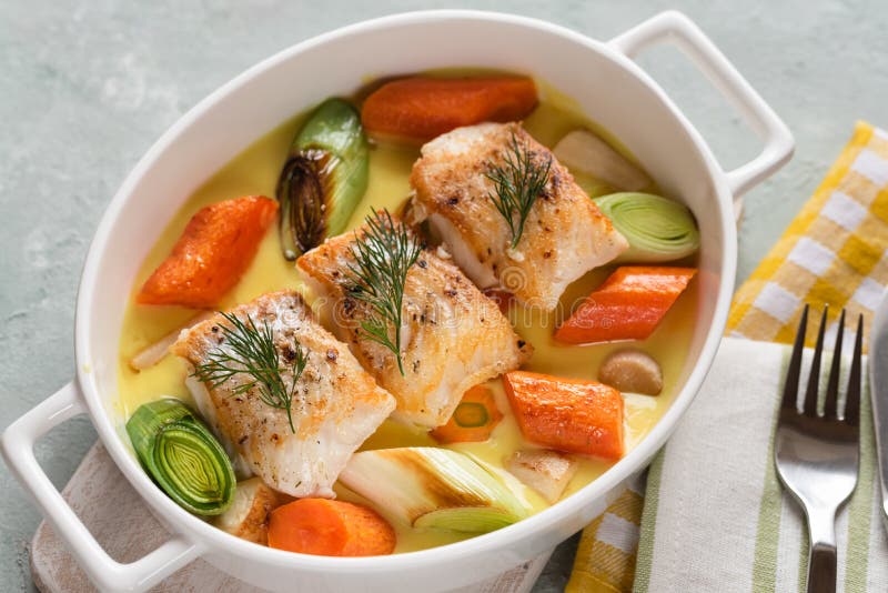 Cod Fish Baked with Vegetables Stock Photo - Image of healthy ...