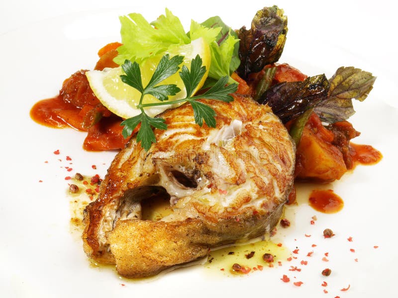 Cod Fish Chop on Tomato Isolated on White Background Stock Photo ...