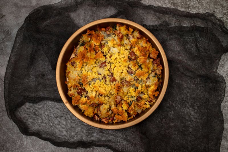 Cod Fish with Corn Bread, Spinach and Beans on Dish Stock Photo - Image ...