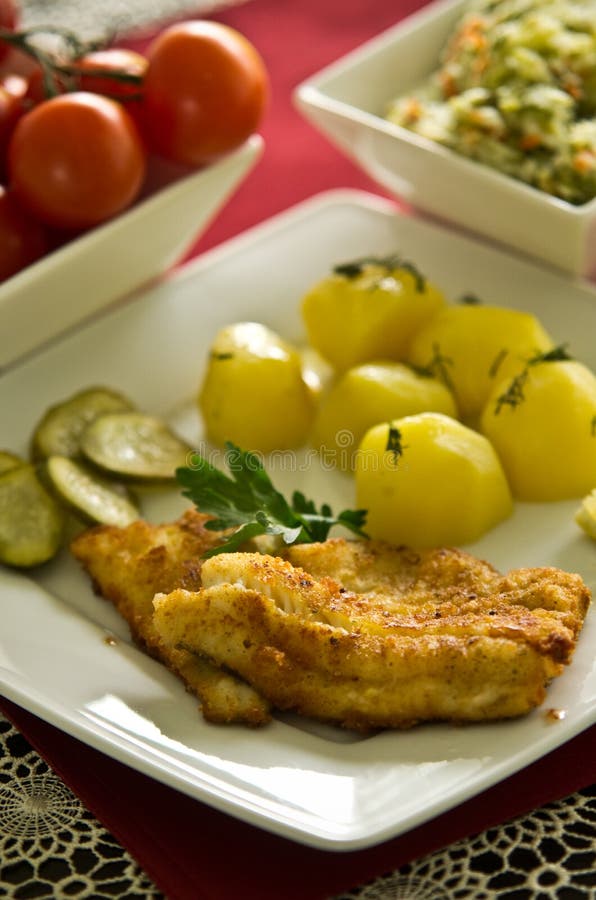 Cod Fish Fillet with Potatoes Stock Photo - Image of fried, still: 55631358