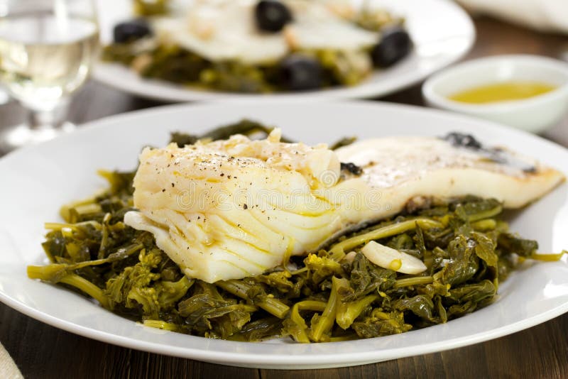 Cod fish with greens stock image. Image of greens, boiled - 73731613