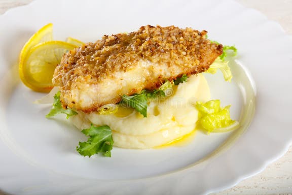 Cod Fish with Mashed Potato Stock Image - Image of cuisine, green ...