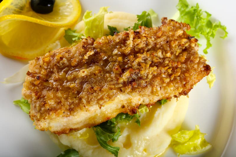 Cod Fish with Mashed Potato Stock Photo - Image of sauce, vegetable ...