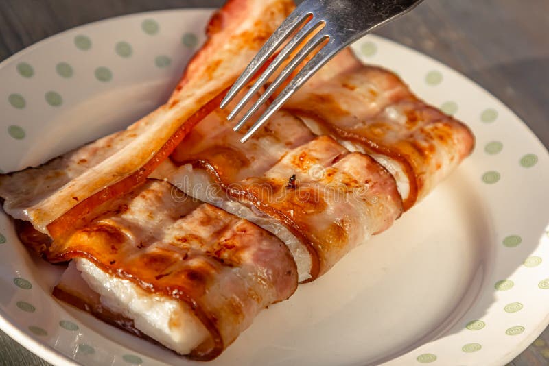 Cod fish wrapped in bacon stock photo. Image of closeup - 249025982