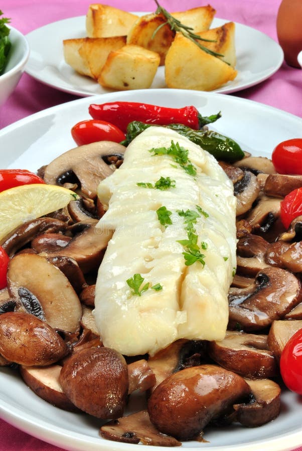 Cod Loins with Mushroom on a Plate Stock Photo - Image of dinner ...