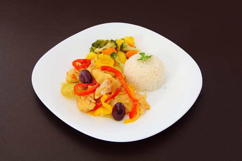 Cod a Portuguese Style, Rice and Steamed Vegetables Stock Image - Image ...