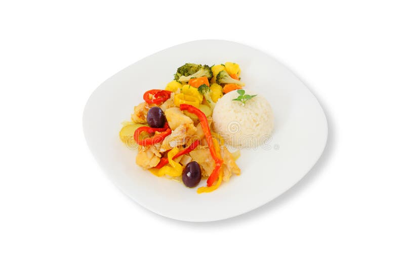 Cod a Portuguese Style, Rice and Steamed Vegetables Stock Photo - Image ...