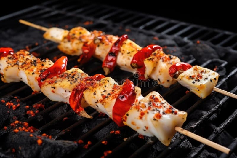 Cod Skewers on a Shiny Black Grill with Chili Flakes Stock Photo ...