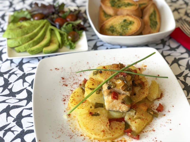 Cod with Steamed Potatoes Served in a Table Stock Image - Image of ...