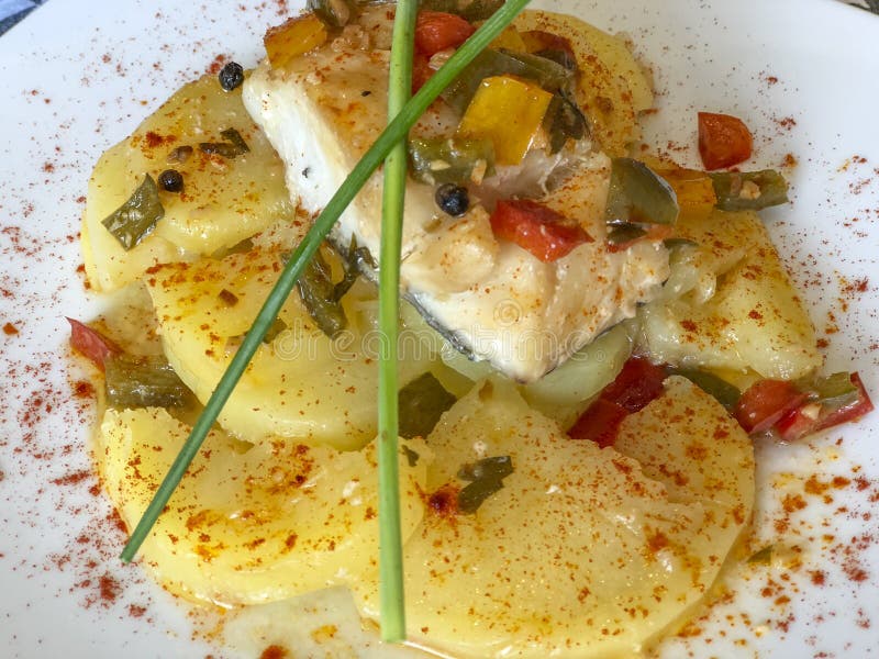 Cod with Steamed Potatoes Served in a Table Stock Photo - Image of ...