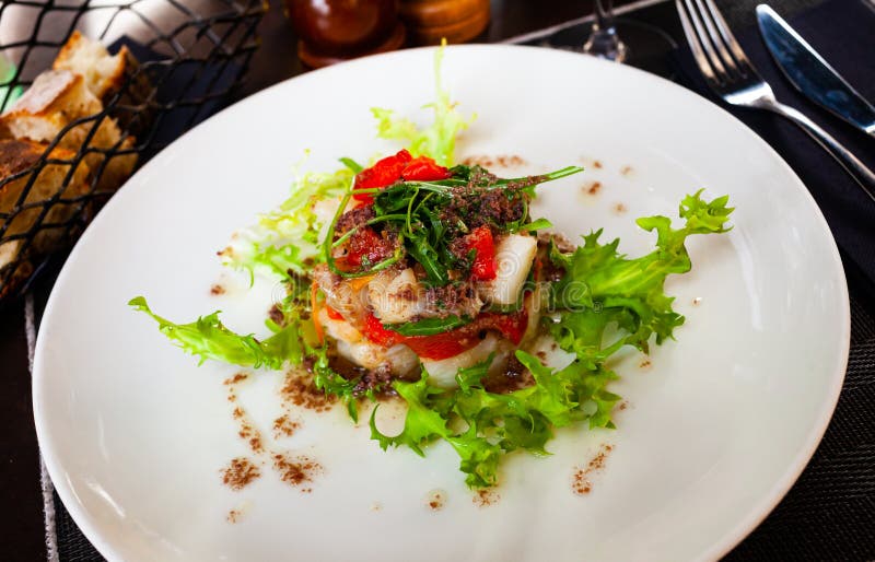 Cod Timbale with Roasted Red Peppers and Arugula Stock Photo - Image of ...