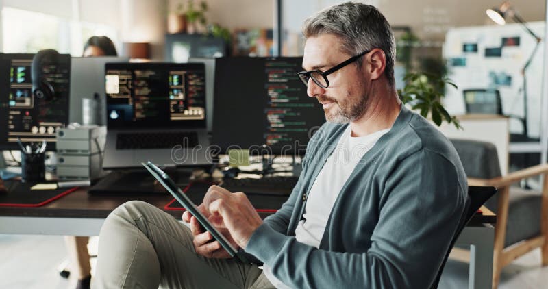 Code, Business Man and Engineer on Tablet for Software Development ...