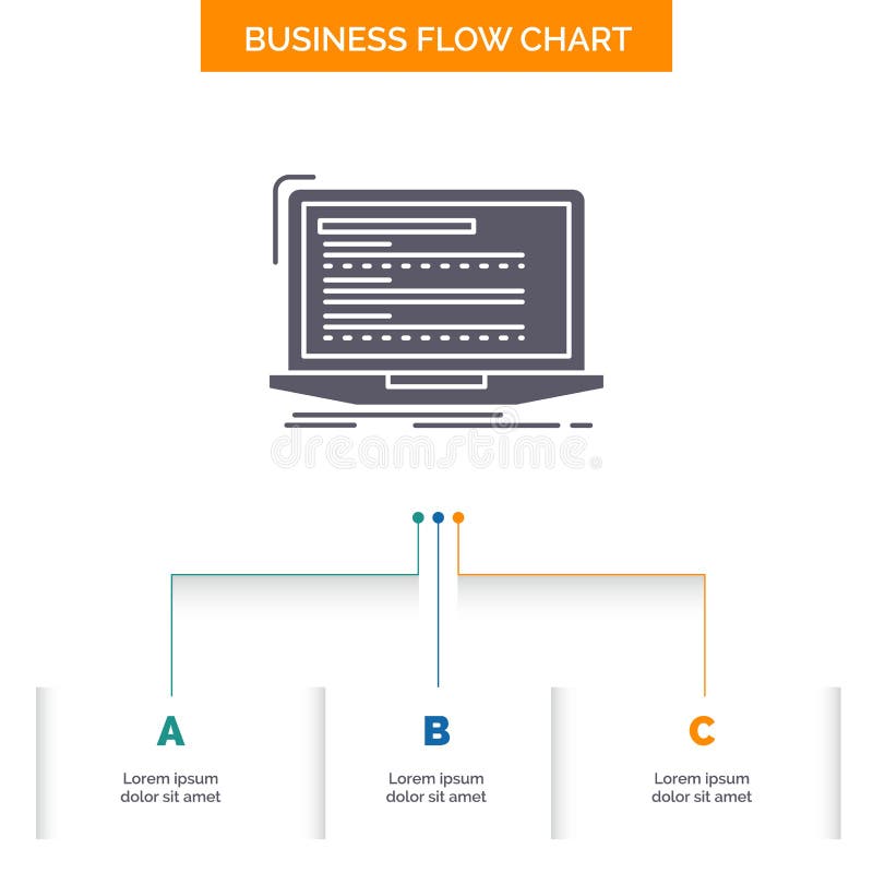 Code, Coding, Computer, Monoblock, Laptop Business Flow Chart Design with 3 Steps. Glyph Icon ...