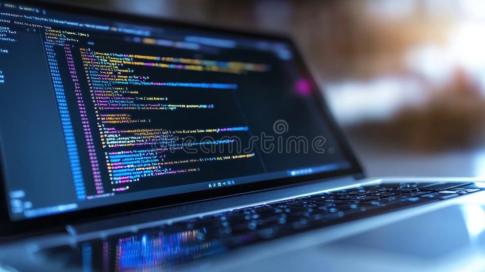 Code Development on a Laptop Displaying Complex Data Strings ...