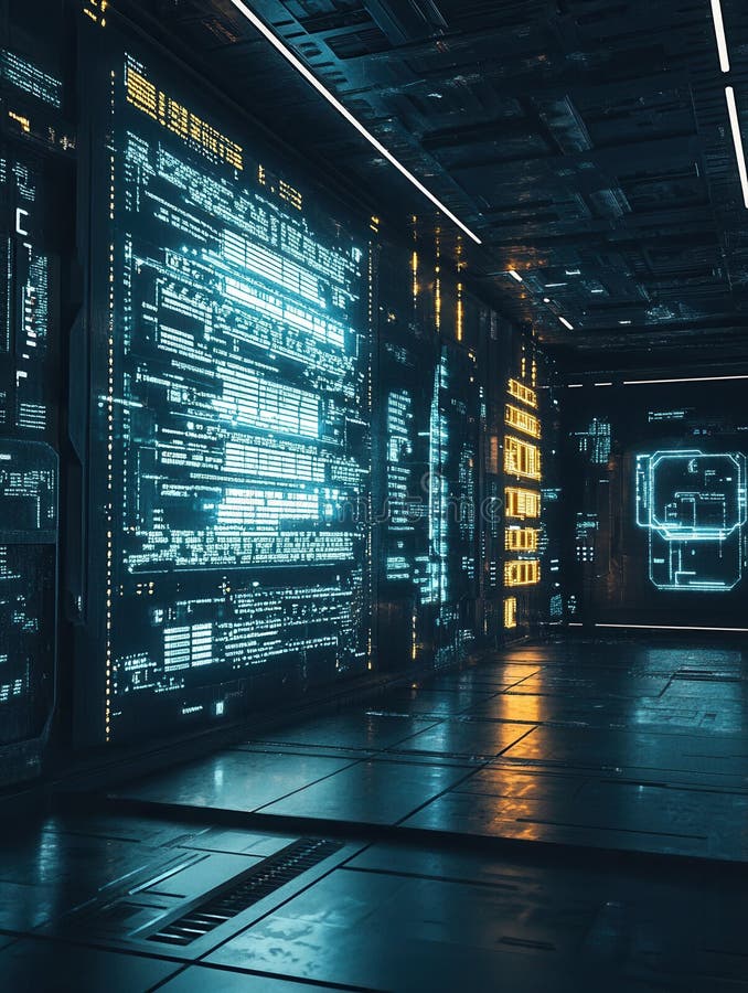 Code Displayed Digital Interface Dark Futuristic Room Surrounded Glowing Screens Stock Photos ...