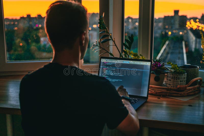 The Code on the Laptop Screen at Night. Software Development Stock Image - Image of deadline ...